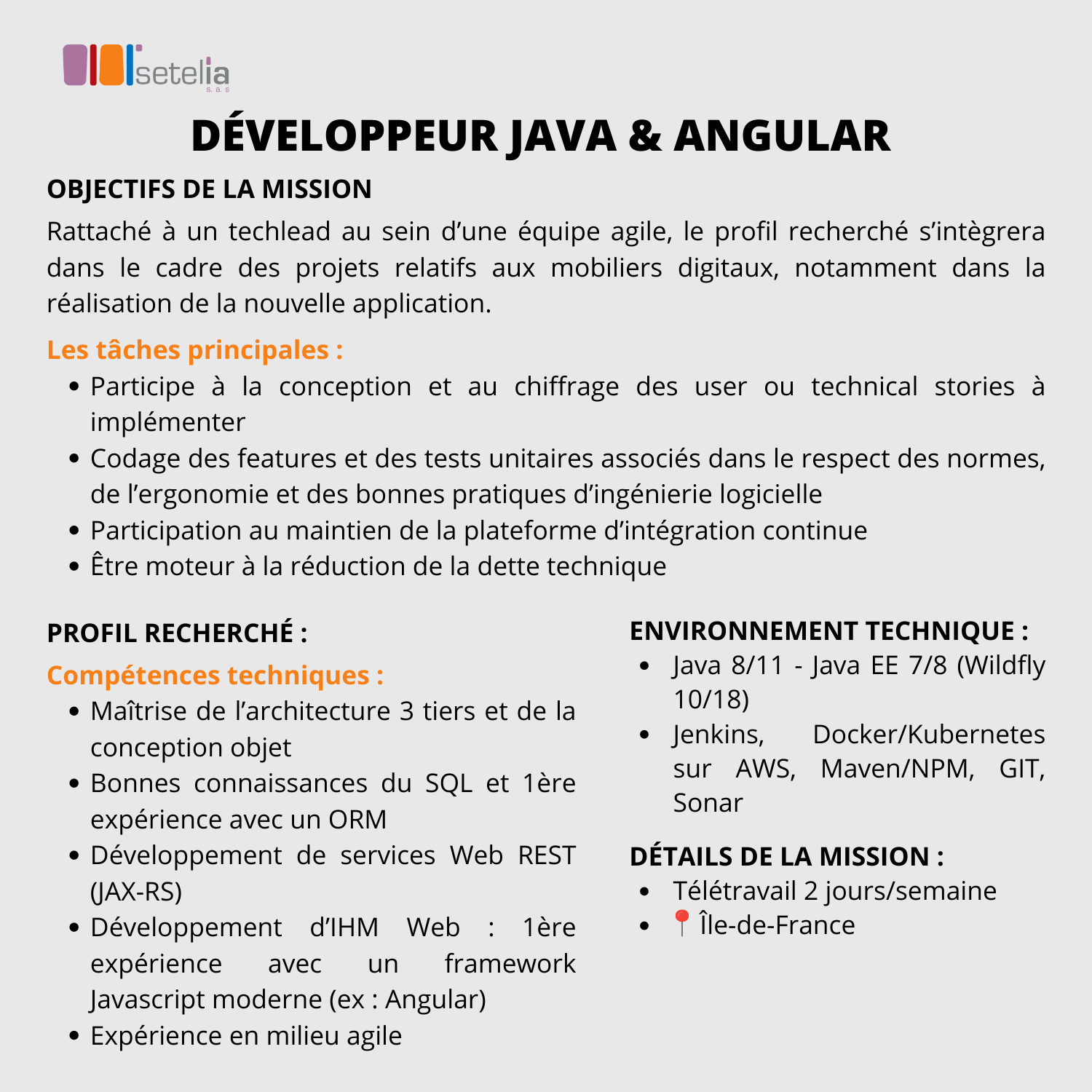 DÉVELOPPEUR JAVA & ANGULAR - SETELIA